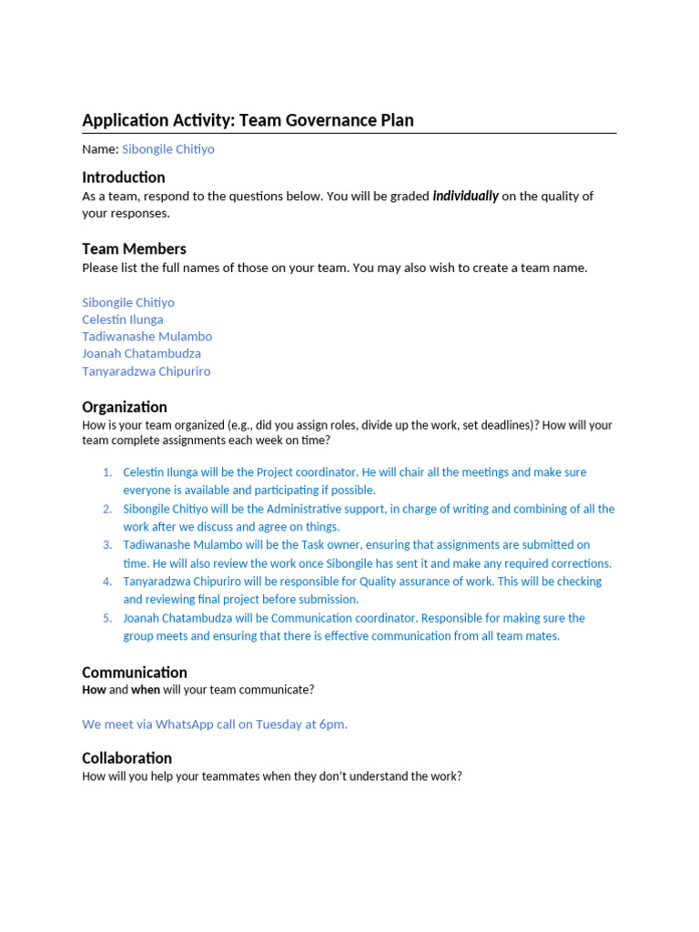 pc102 w04 Document Applicationactivity Teamgovernanceplantemplate | PDF | Communication