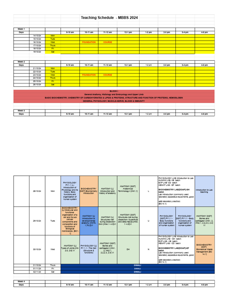 Teaching Schedule MBBS Batch 2024 25 | PDF | Anatomy | Red Blood Cell