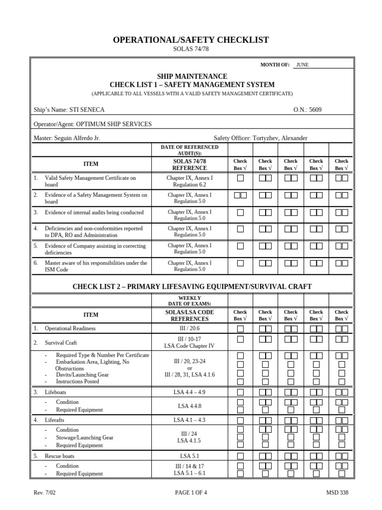 Marshall Isl CL (Weekly Operation Safety Checklist Marshall) | PDF