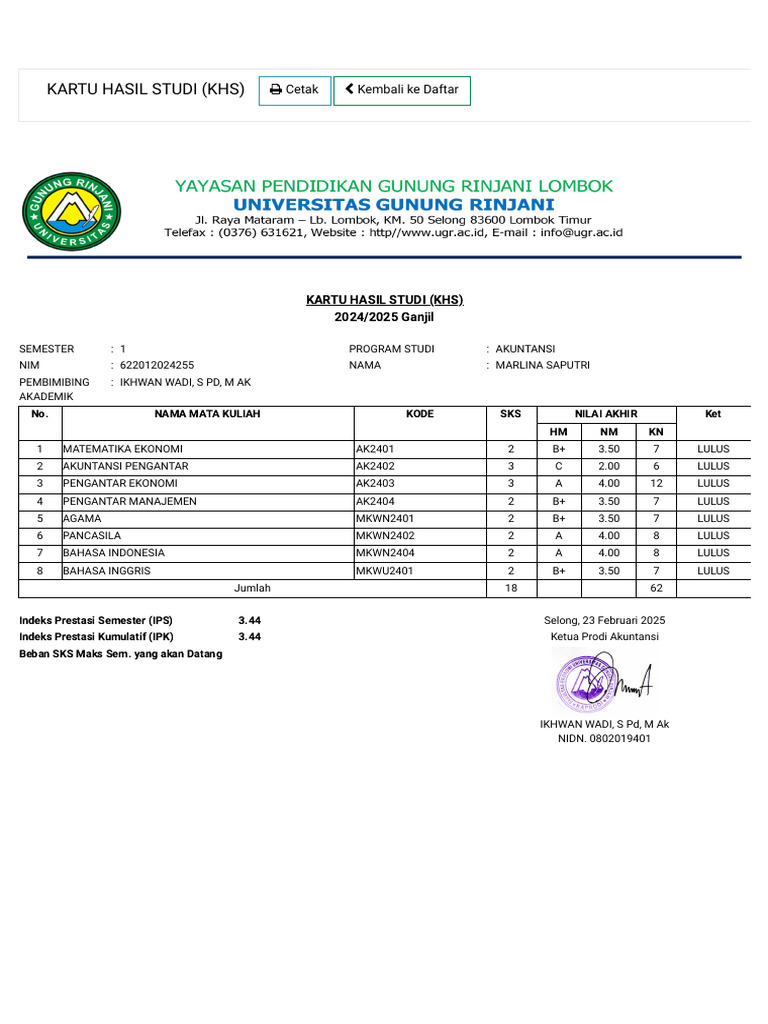 Kartu Hasil Studi (KHS) | PDF