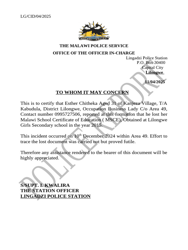 Police Clearance for Esther Chitheka | PDF