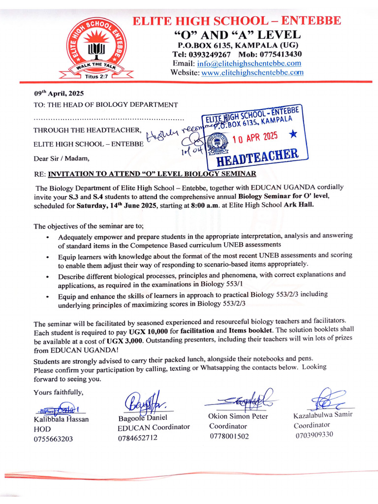 Elite High School - Educan Biology Seminar Invitation Letter 2025 | PDF