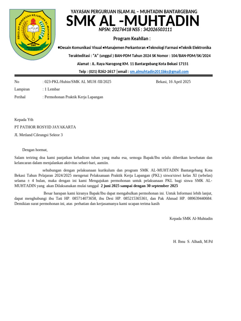 Permohonan PKL Siswa SMK Al-Muhtadin | PDF