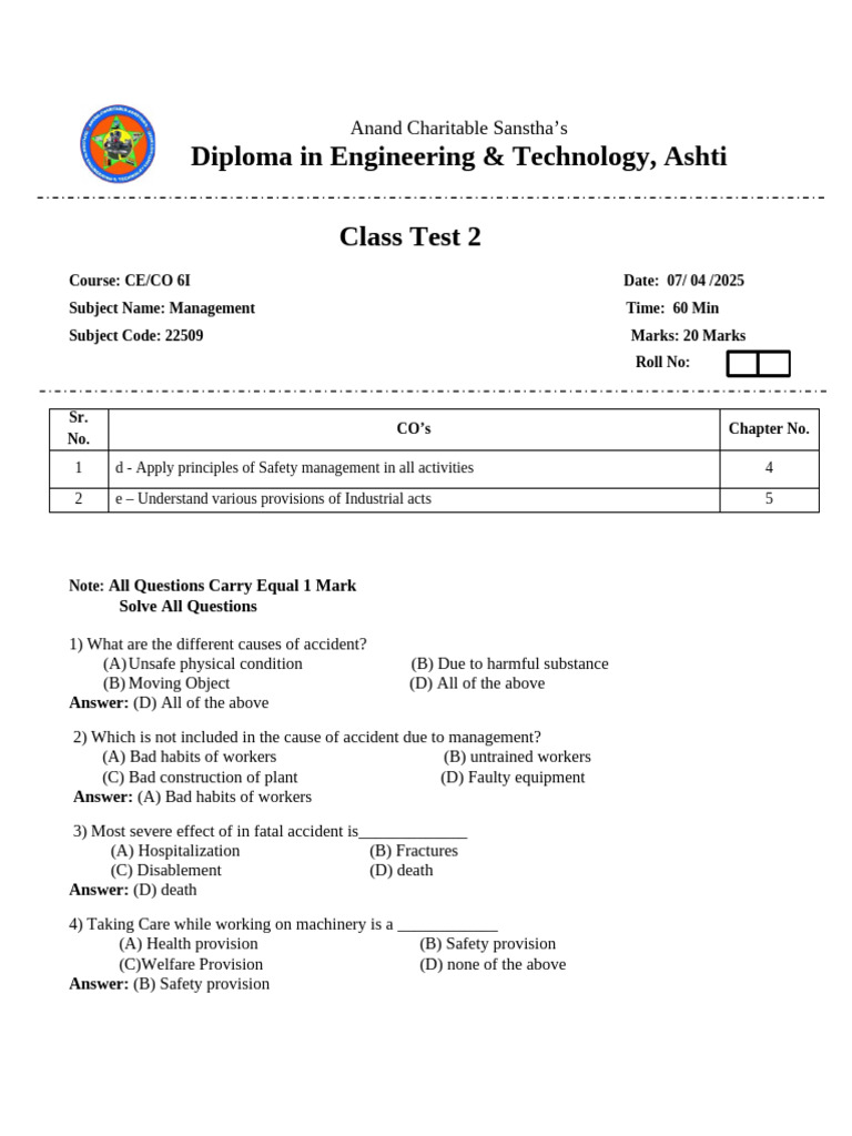 Management Class Test 2 ANSWER KEY | PDF | Safety | Labor