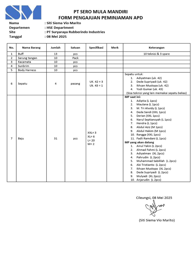 Form Pengajuan Peminjaman APD - PT XXX | PDF