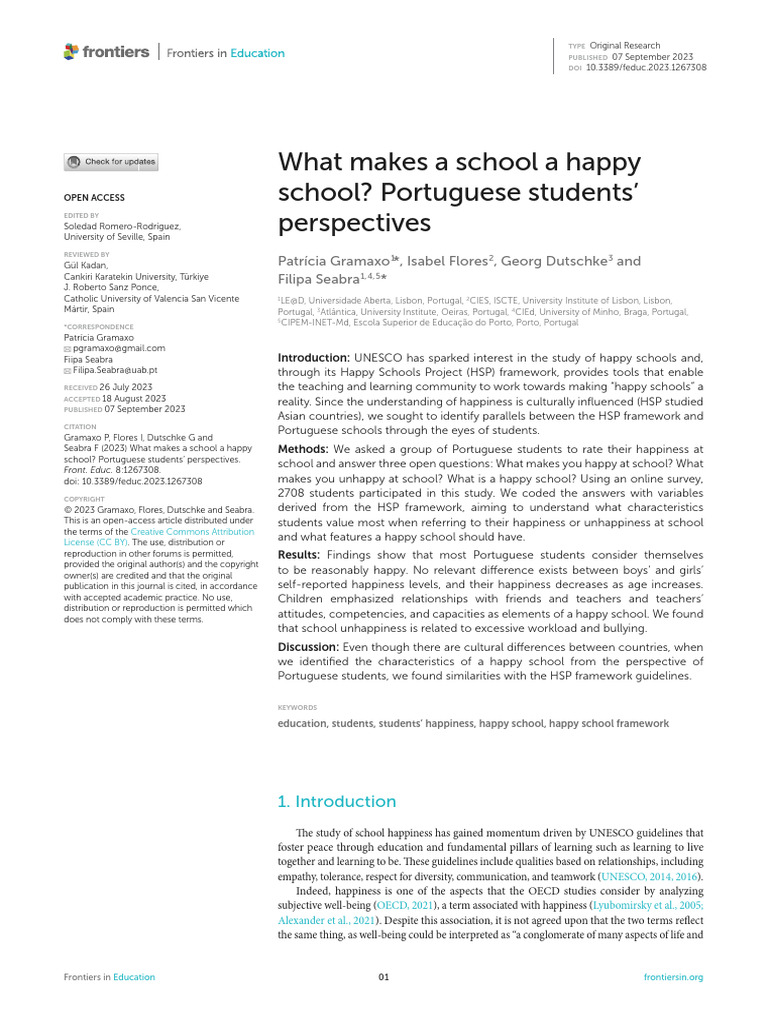 What Makes A School A Happy School. Portuguese Studentsperspectives ...