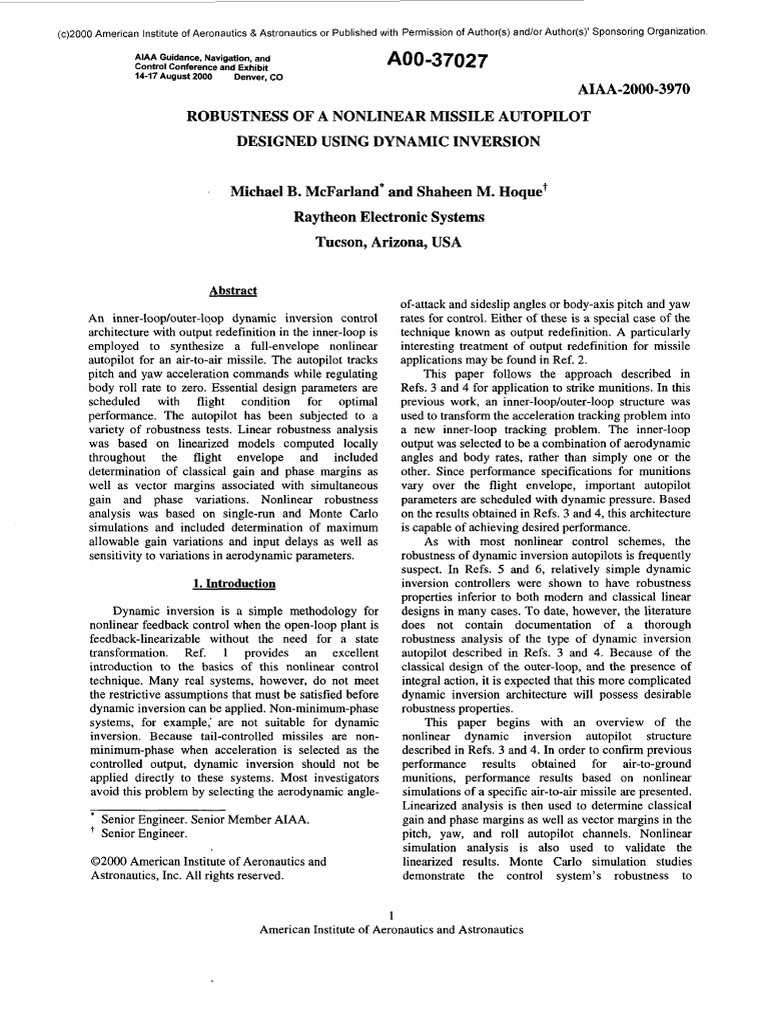 Robustness of A Nonlinear Missile Autopilot Designed Using Dynamic ...
