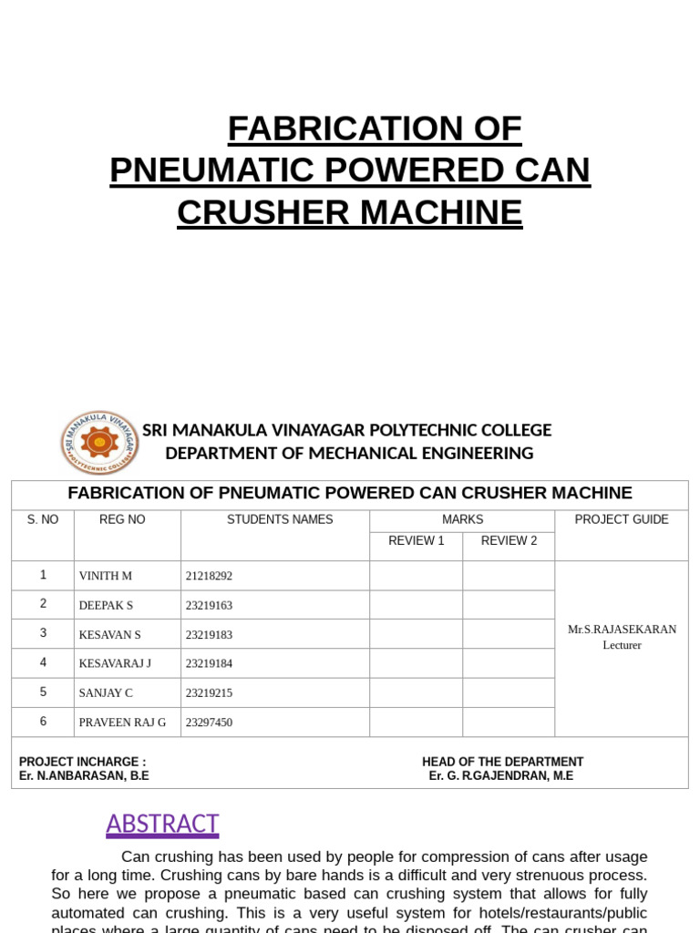Batch 7 Pneumatic Powered Can Crusher Machine | PDF | Piston | Mechanical Engineering