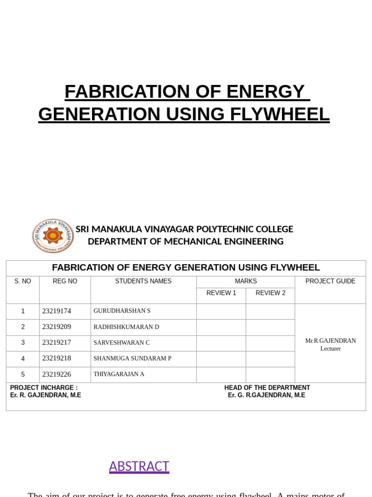 Batch 5 Fabrication of Energy Generation Using Flywheel | PDF | Power ...