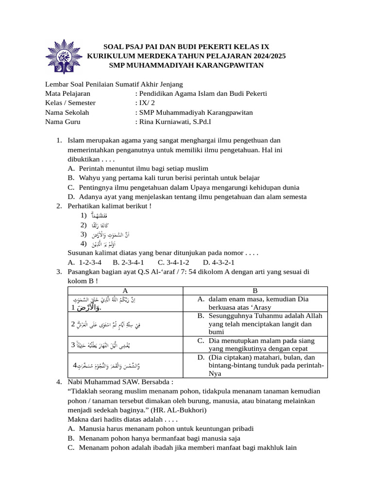 Soal, Jawaban PSAJ IX 2024-2025 | PDF