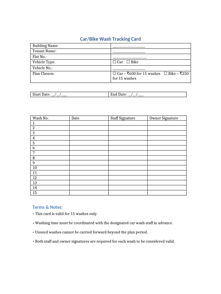 Car Bike Wash Tracking Card | PDF