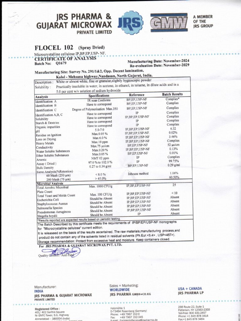 Coa MCCP 102 Batch No Q1679 JRS Pharma & GMW | PDF