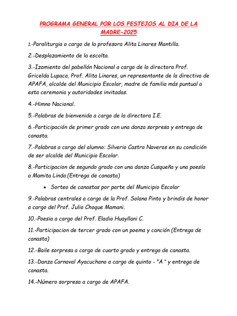 Programa General Por Los Festejos Al Dia de La Madre-I.e. 40285-2025 | PDF