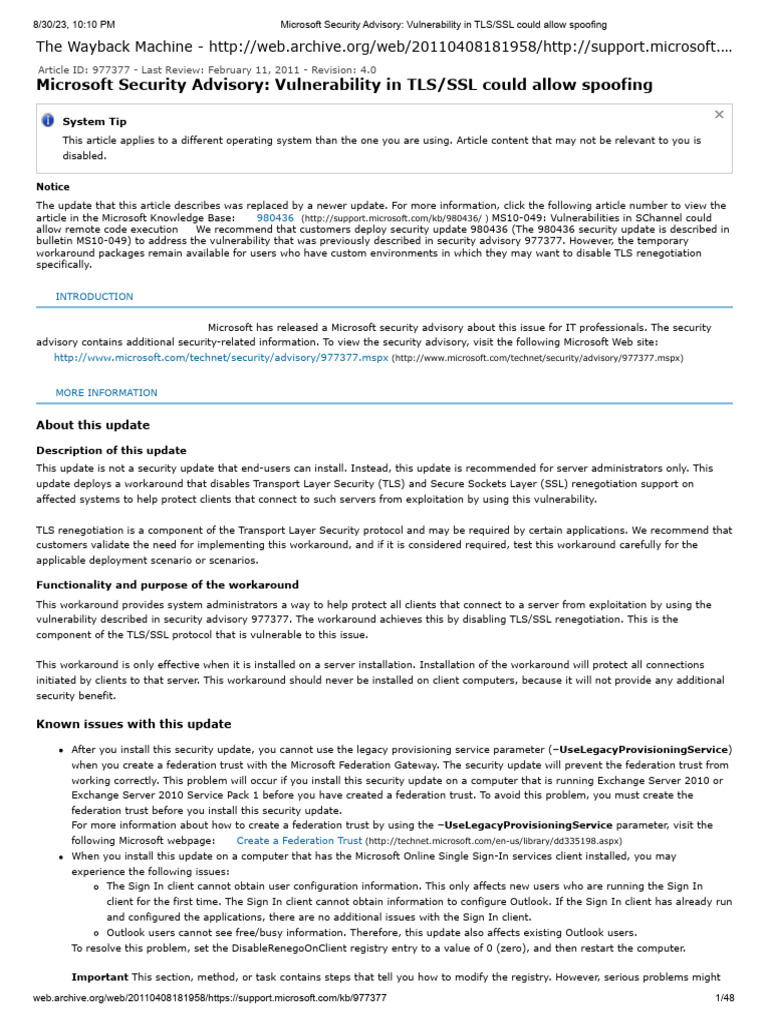 Microsoft Security Advisory - Vulnerability in TLS - SSL Could Allow ...