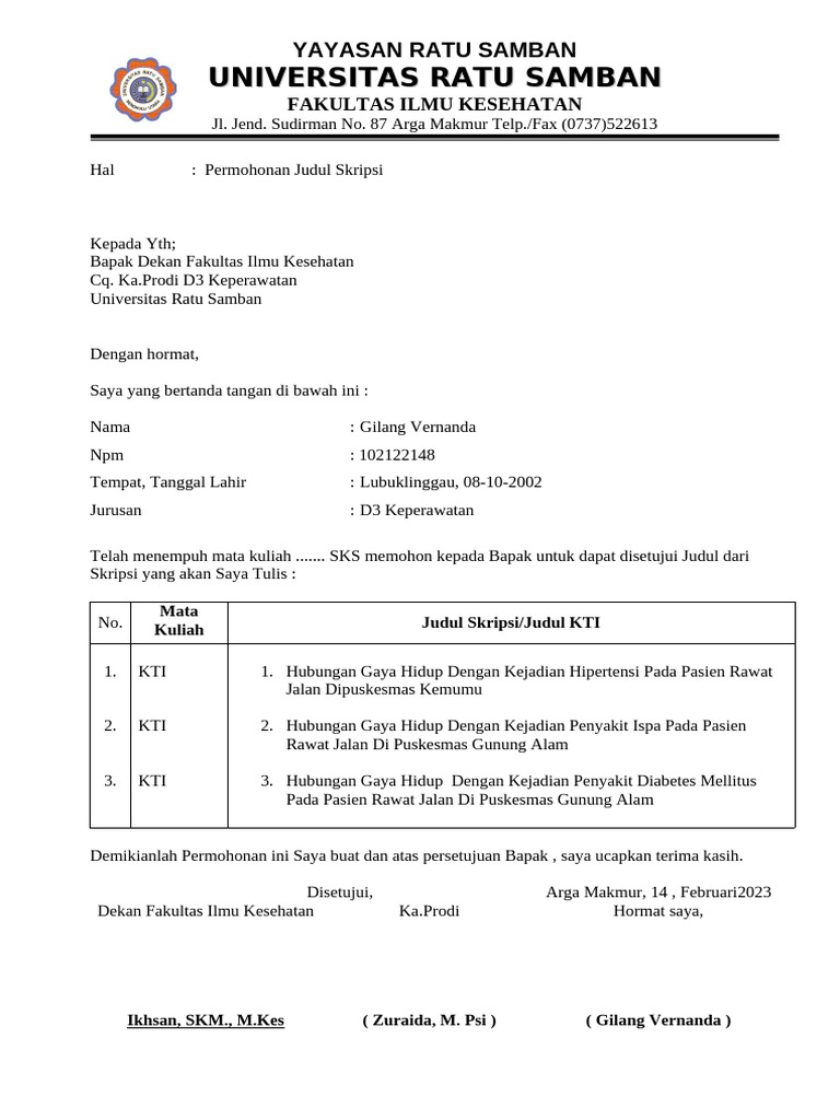 Blangko Pengajuan Judul Skripsi Dan KTI Gilang | PDF