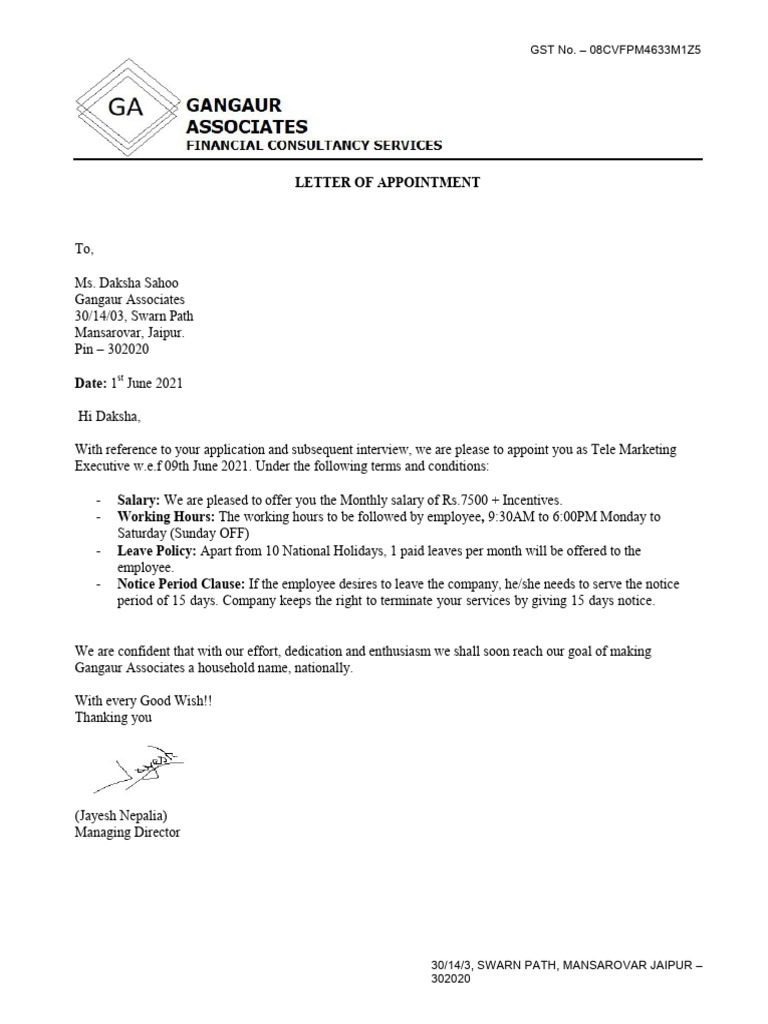 Appointment Letter for Tele Marketing Executive | PDF