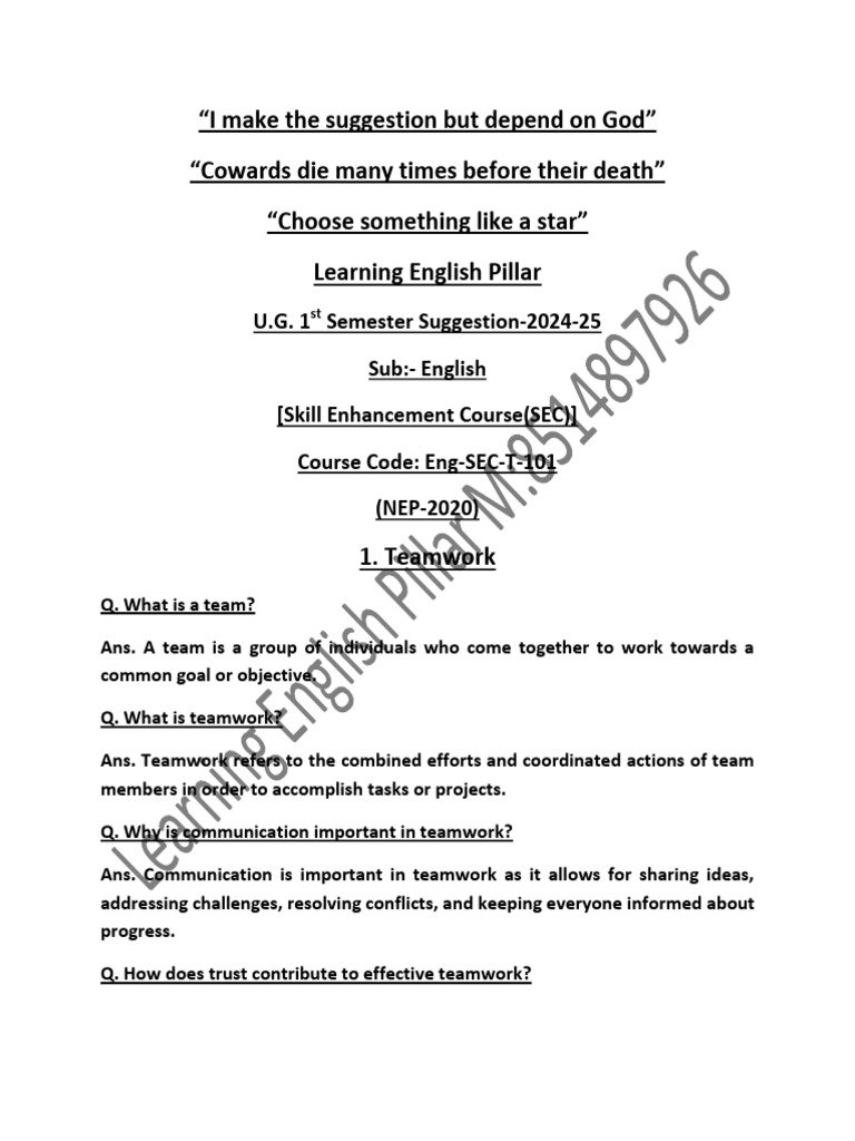 1st Semester SEC Paper Suggestion 2024-2025 Kalyani University | PDF ...