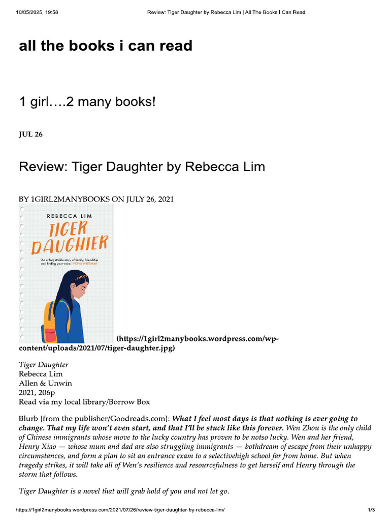 Tiger Daughter by Rebecca Lim Review 1 Girl 2 Many Books | PDF
