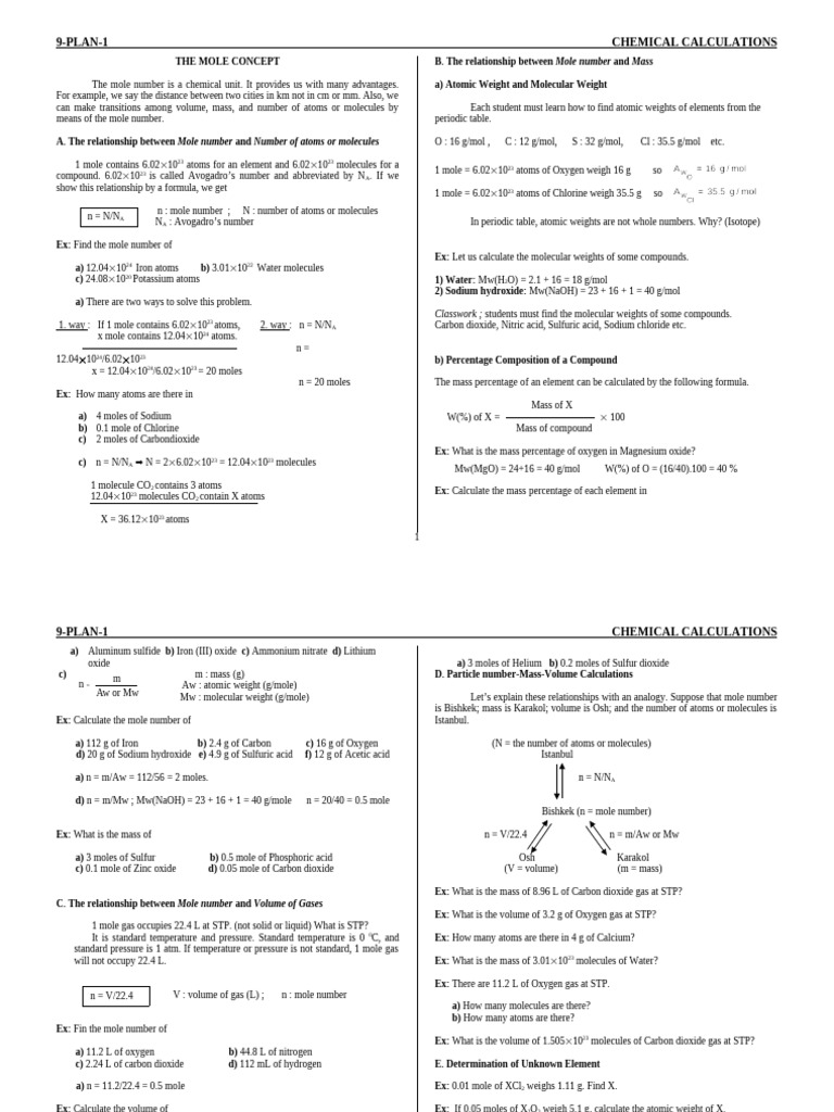 9-Plan-01 Chemical Calculations | PDF | Mole (Unit) | Stoichiometry