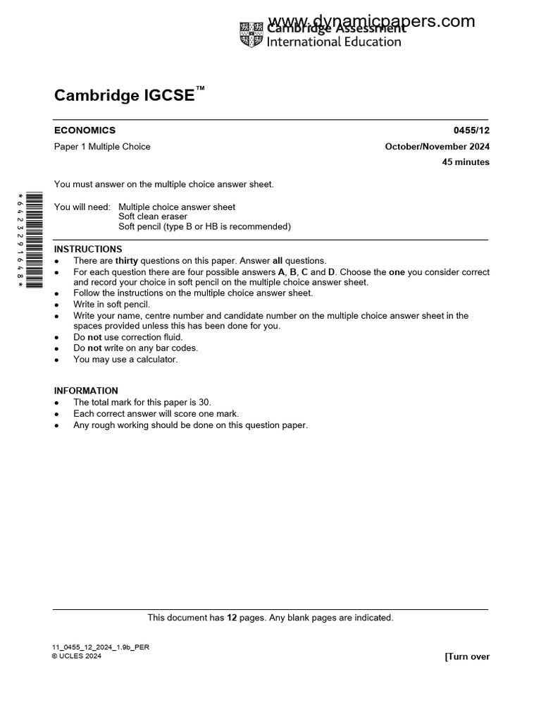 Cambridge IGCSE: Economics 0455/12 | PDF | Labour Economics | Demand
