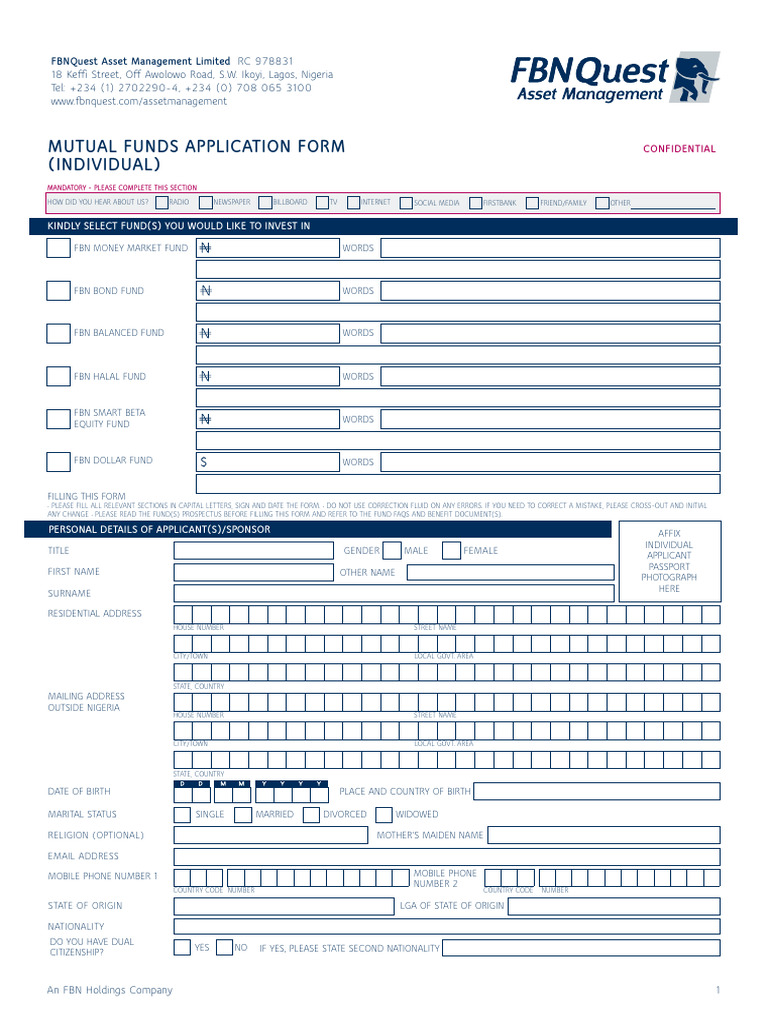 FBNQuest Mutual Funds Application Form | PDF | Banks | Indemnity