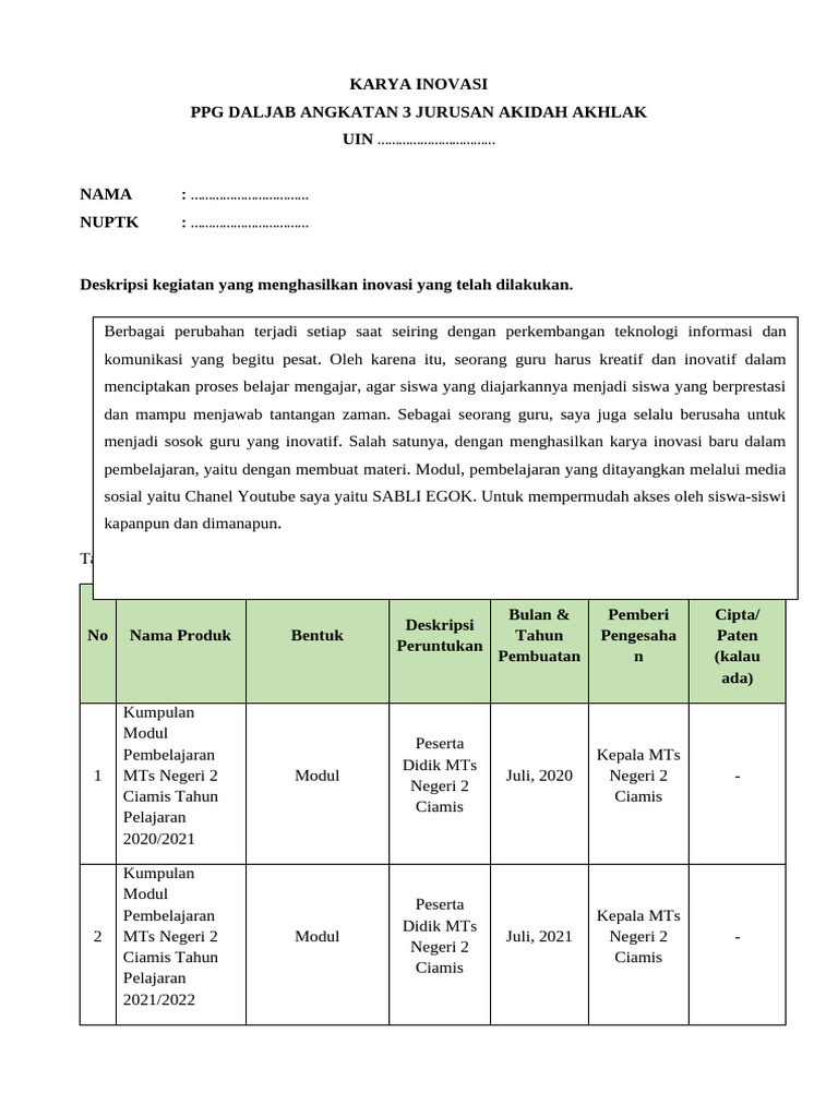 Tabel 4. Daftar kegiatan yang menghasilkan inovasi baru dalam pembelajaran | PDF