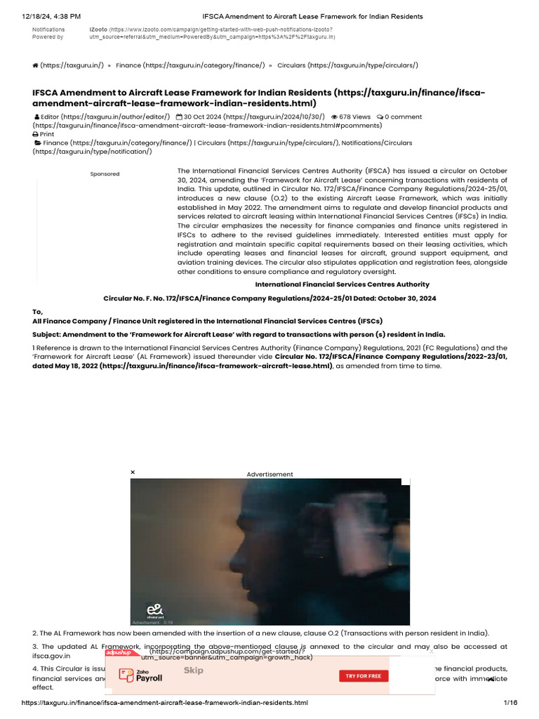 IFSCA Amendment To Aircraft Lease Framework For Indian Residents | PDF ...