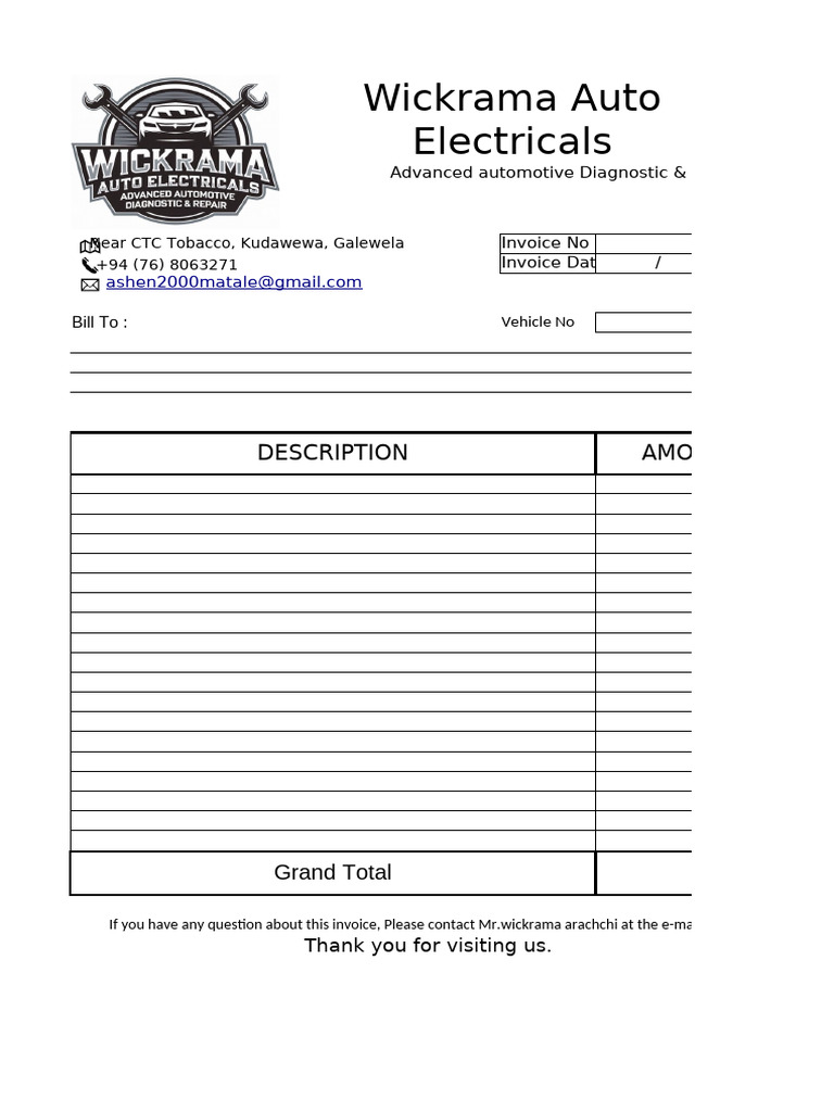 Wickrama Auto Electricals Invoice Excel File (1) 1012 | PDF