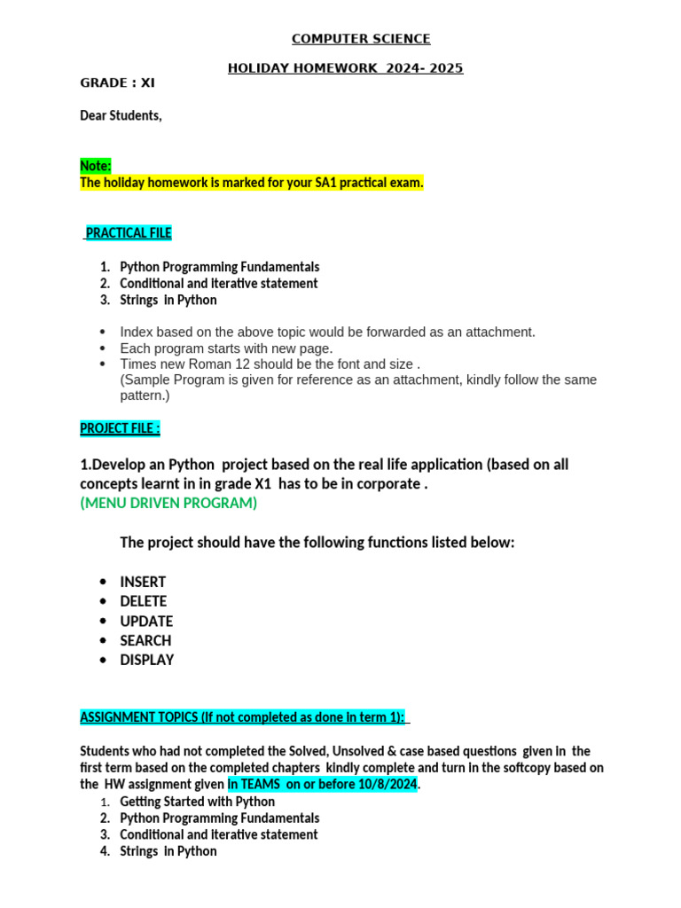 Grade 11 - Computer Science HHW Instruction Sheet 2024-25 | PDF