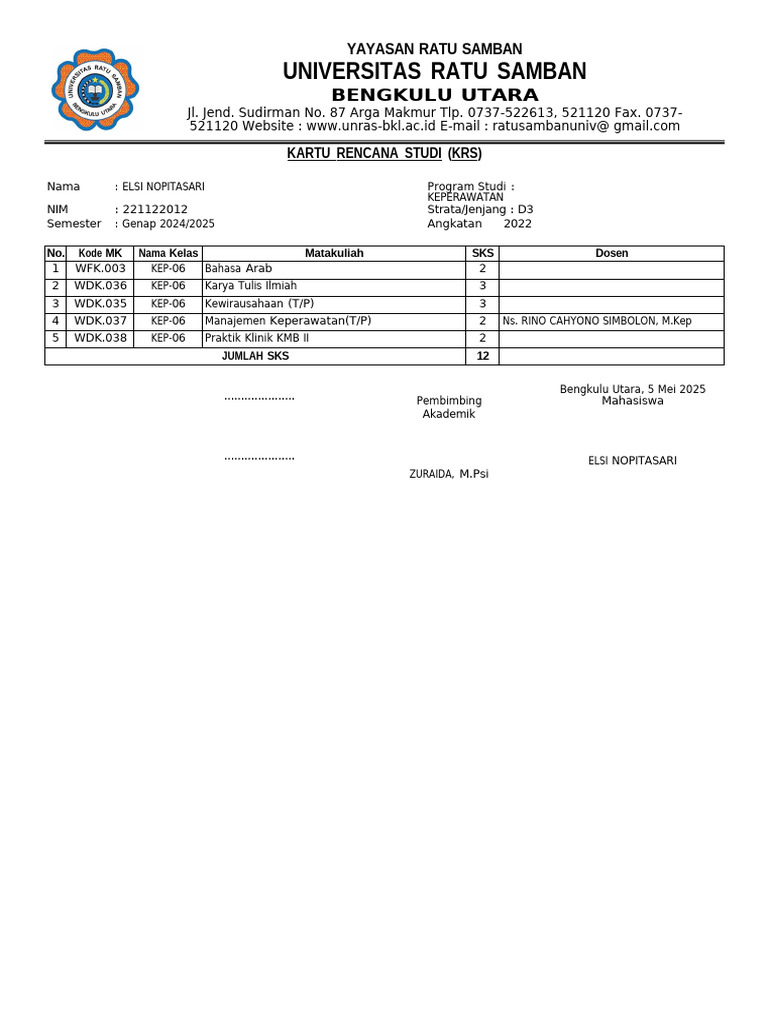 Cetak Khusus KRS - UNIVERSITAS RATU SAMBAN ARGA MAKMUR BENGKULU | PDF