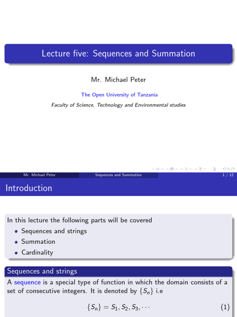 Lecture - FIVE - Sequences and Summation | PDF | Set (Mathematics) | Sequence