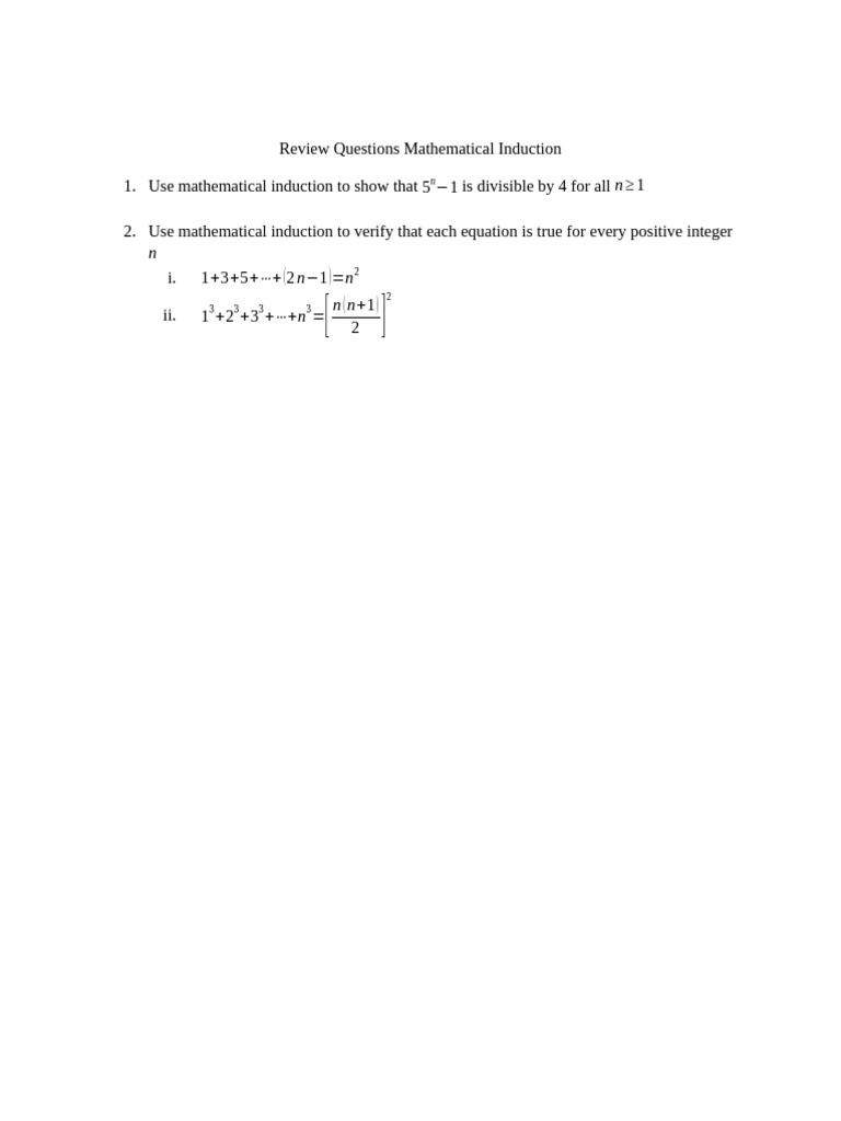 Review Questions Mathematical Induction | PDF