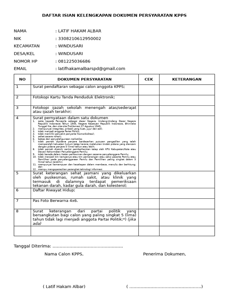 99 DAFTAR ISIAN KELENGKAPAN DOKUMEN PERSYARATAN KPPS | PDF