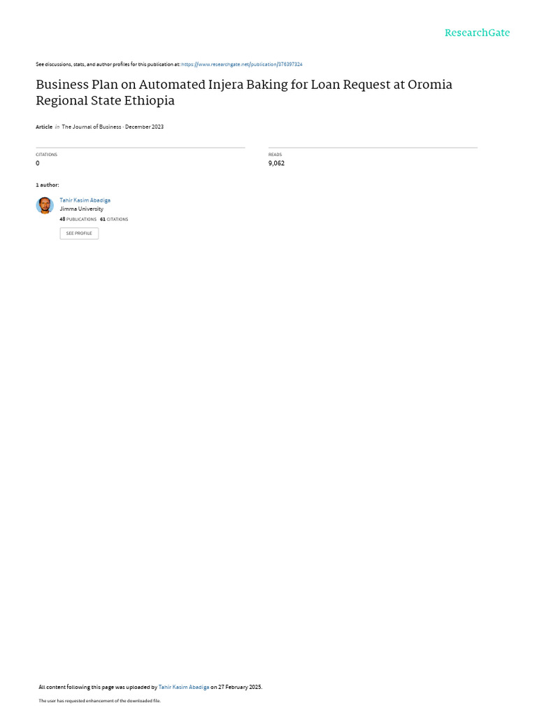 Business Planfor Injera Bakeryin Agaro Town Oromia Regional State ...