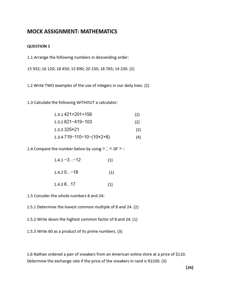 Mock Assignment - Grade 8 Term 1 | PDF | Mathematics