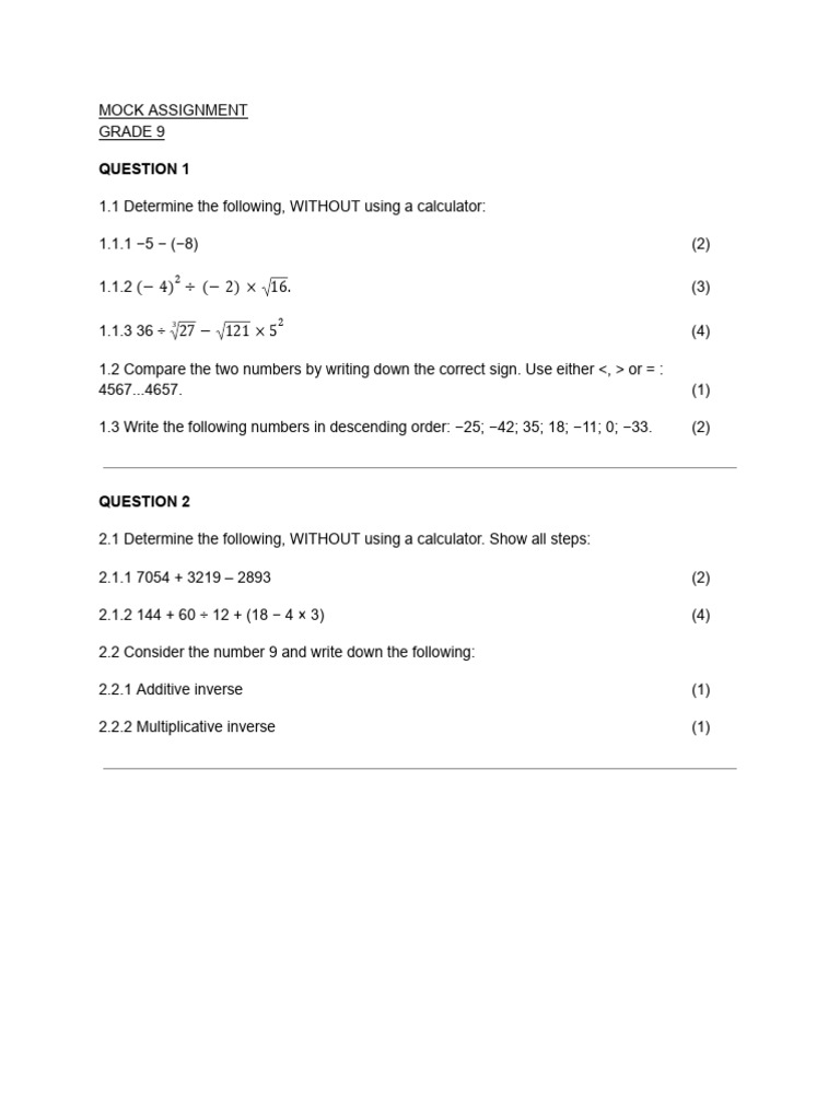 Grade 9 Math Mock Assignment | PDF | Elementary Mathematics | Mathematics