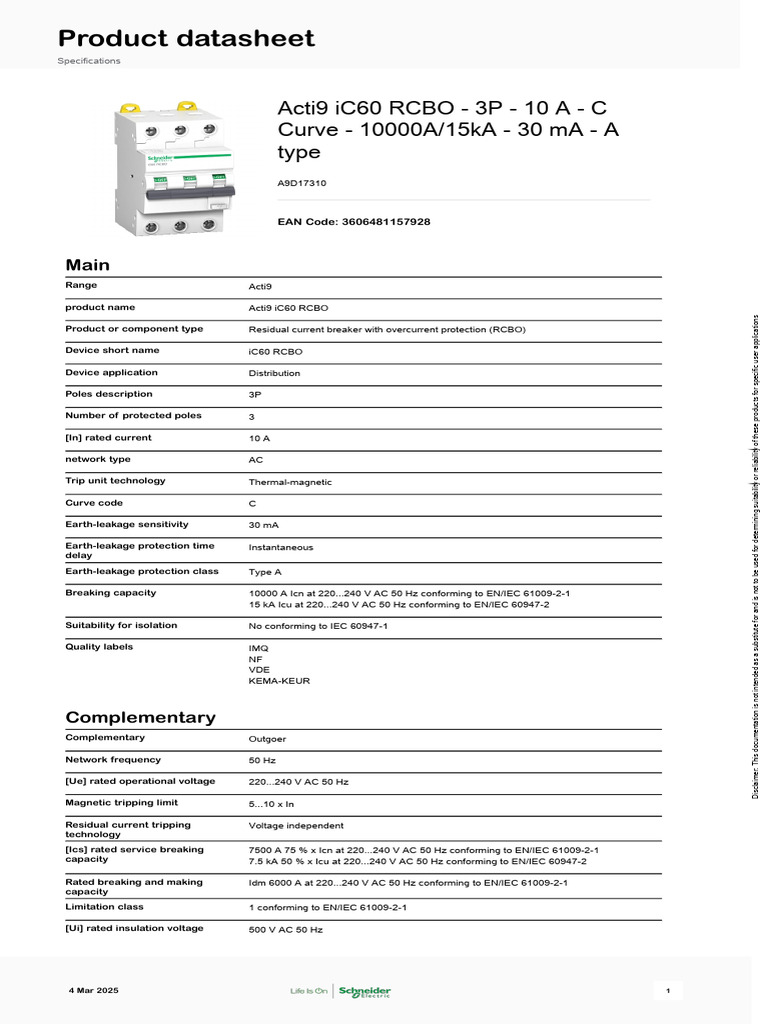Schneider Electric_Acti9-iC60-RCBO-2P-3P-4P_A9D17310 | PDF ...
