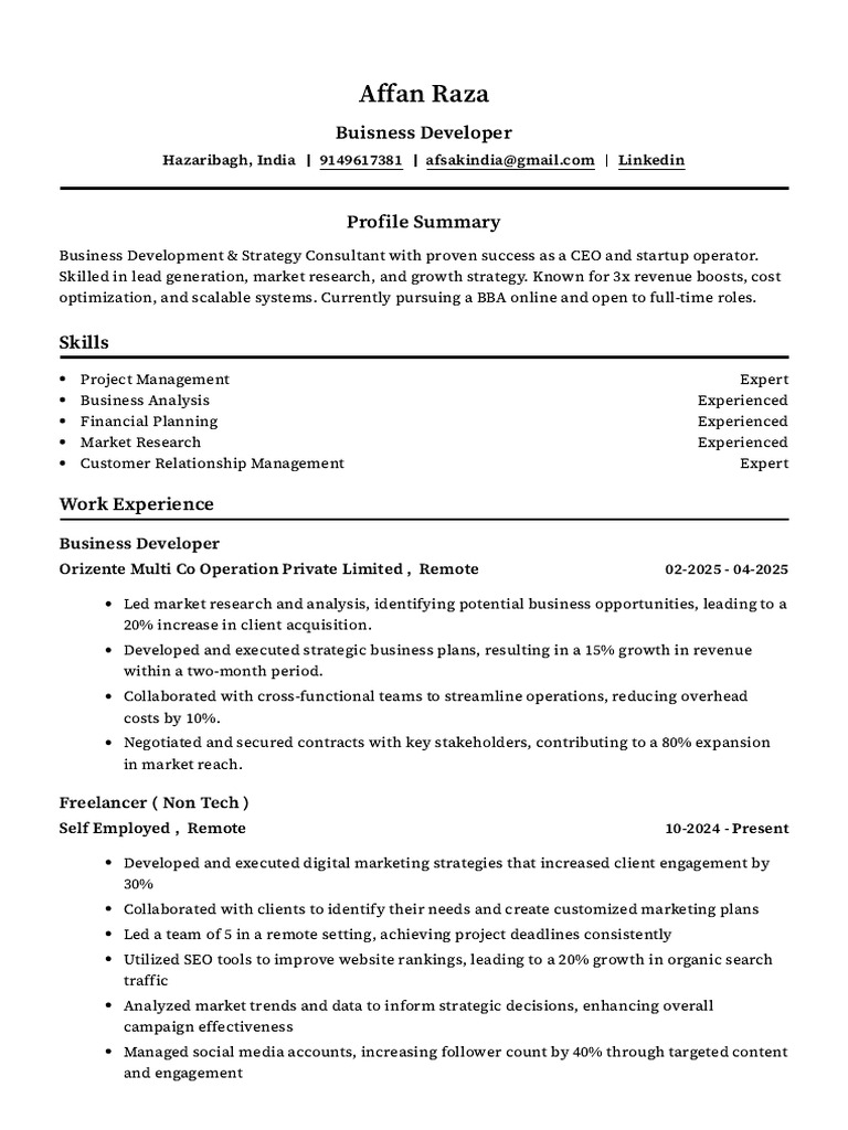 Affan Raza Buisness Developer Resume | PDF | Computer Security | Security