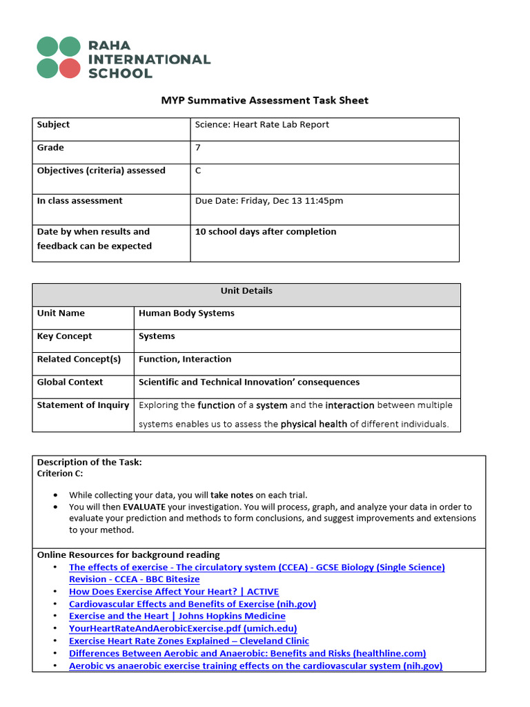 G7 Heart Rate Task Sheet Summative C Updated | PDF | Observational ...