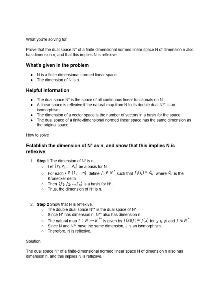 If N Is A Finite-Dimensional Normed Linear Space of Dimension N, Show That N - Also Has ...