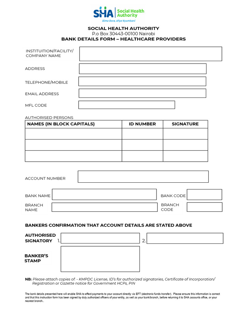 Sha Bank Details Form - (Health Care Providers) | PDF