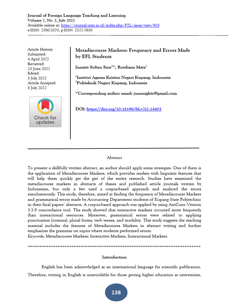 Metadiscourse Markers Frequency and Errors Made by | PDF | English Language | Grammatical Tense