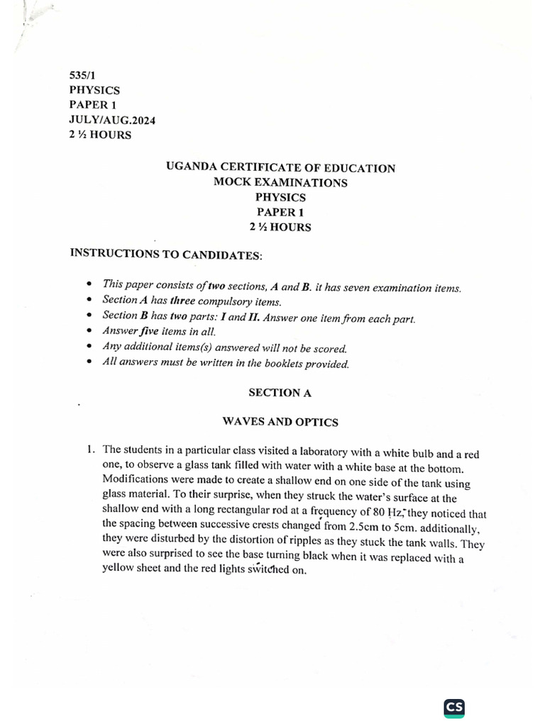 Ugand Certificate of Education Mock Examination Physics Paper 1 July August 2024 | PDF