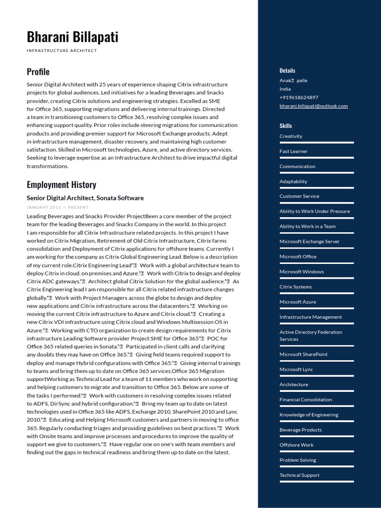 Bharani Billapati - Infrastructure Architect | PDF | Microsoft Exchange Server | Server (Computing)