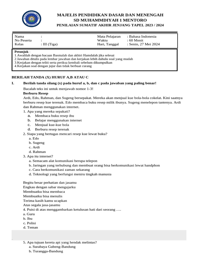 Psaj Soal Bindo Kelas 3 | PDF