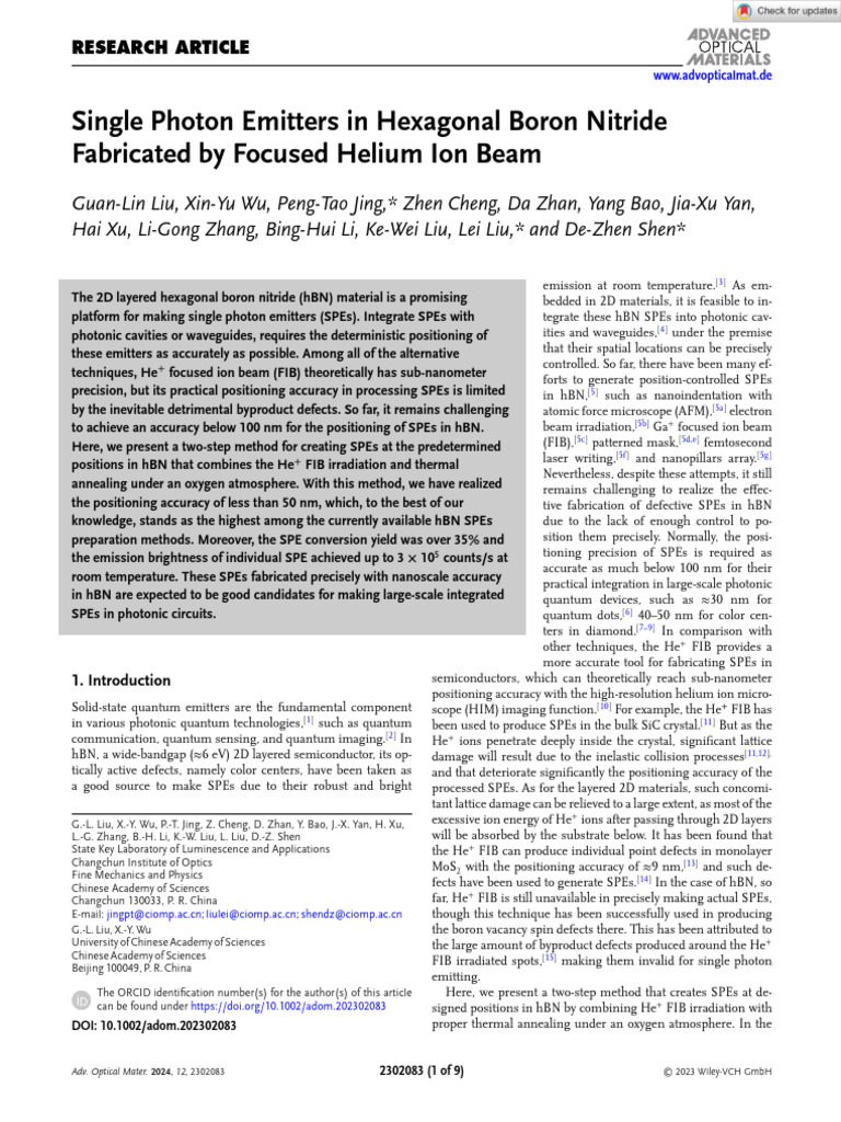 Advanced Optical Materials - 2023 - Liu - Single Photon Emitters in ...