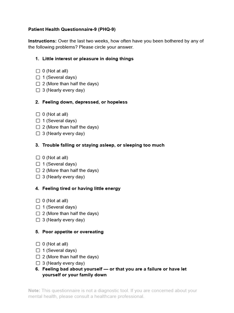 Patient Health Questionnaire-9 (PHQ-9) | PDF