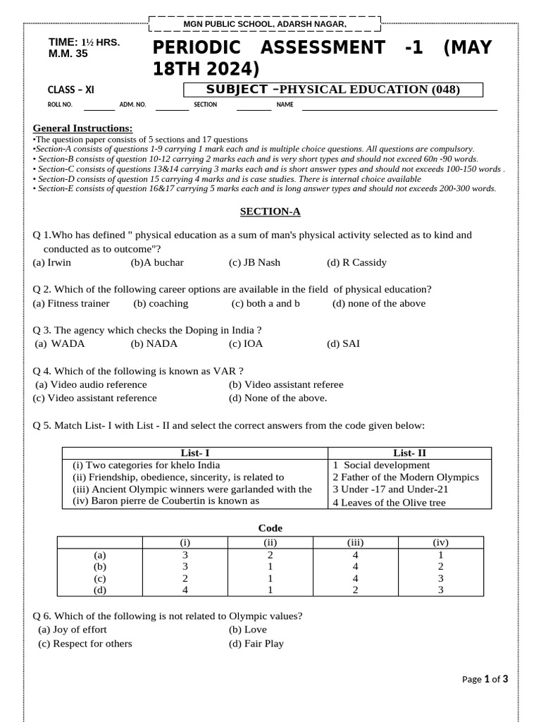 PHYSICAL EDU. XI PA1 2024 | PDF | Sports