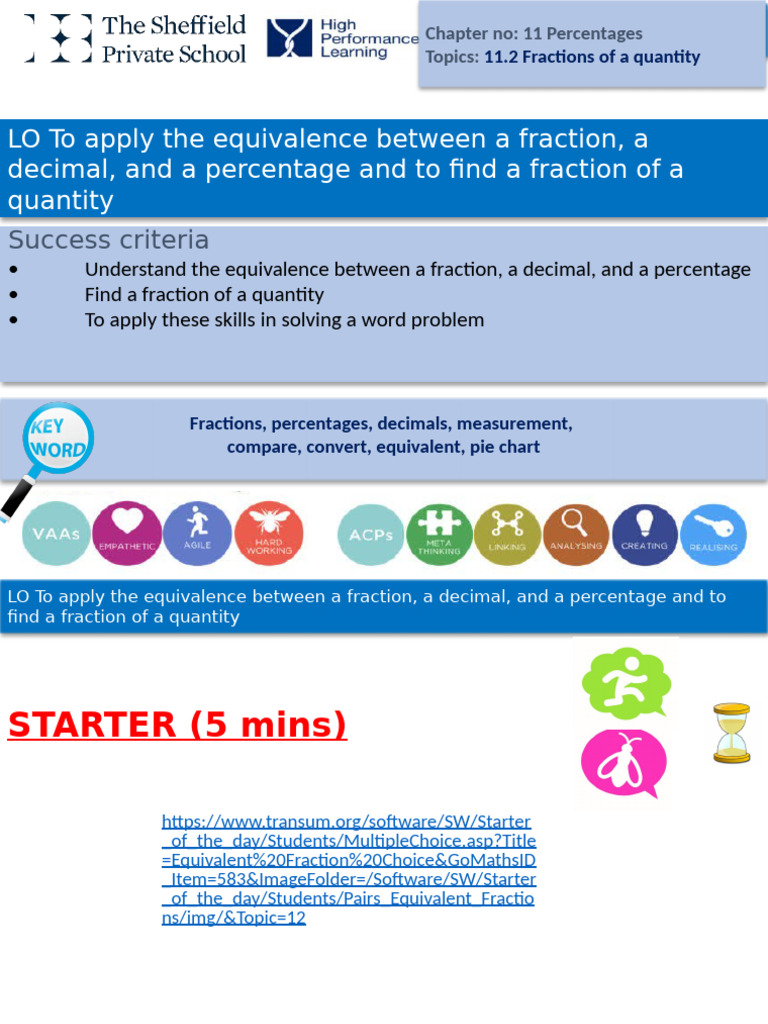 11.2 Fraction of A Quantity | PDF | Percentage | Decimal