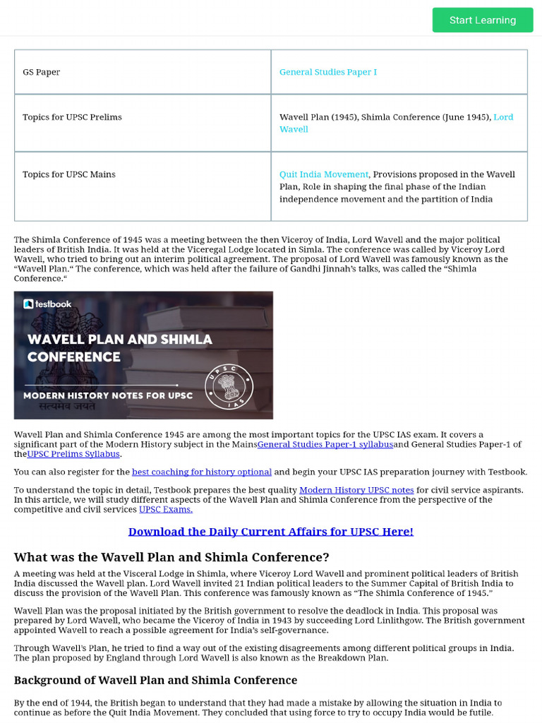 Wavell Plan and Shimla Conference 1945 - UPSC Notes PDF Download | PDF